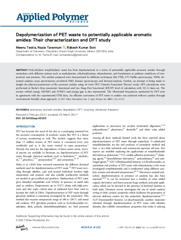(PDF) Depolymerization of PET waste to potentially applicable aromatic ...