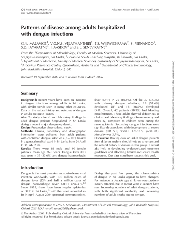 (PDF) Patterns of disease among adults hospitalized with dengue infections