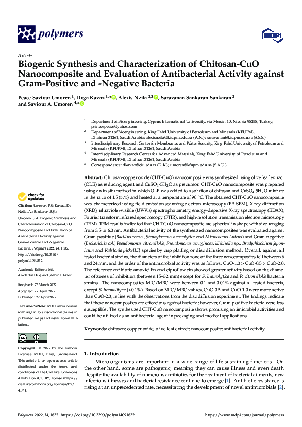 (PDF) Biogenic Synthesis and Characterization of Chitosan-CuO Nanocomposite and Evaluation of ...