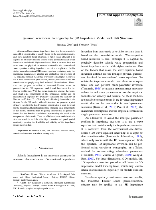 Pdf Seismic Waveform Tomography For 3d Impedance Model With Salt Structure Yanghua Wang