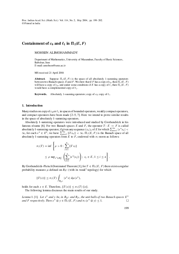 (PDF) Containment of c0 and ℓ1 in π1(E, F)