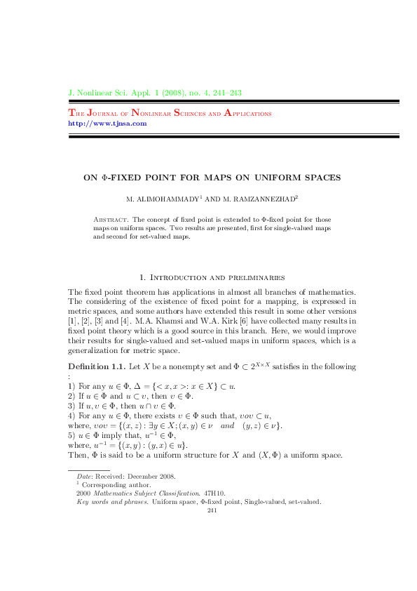 (PDF) On Φ -Fixed Point for Maps on Uniform Spaces