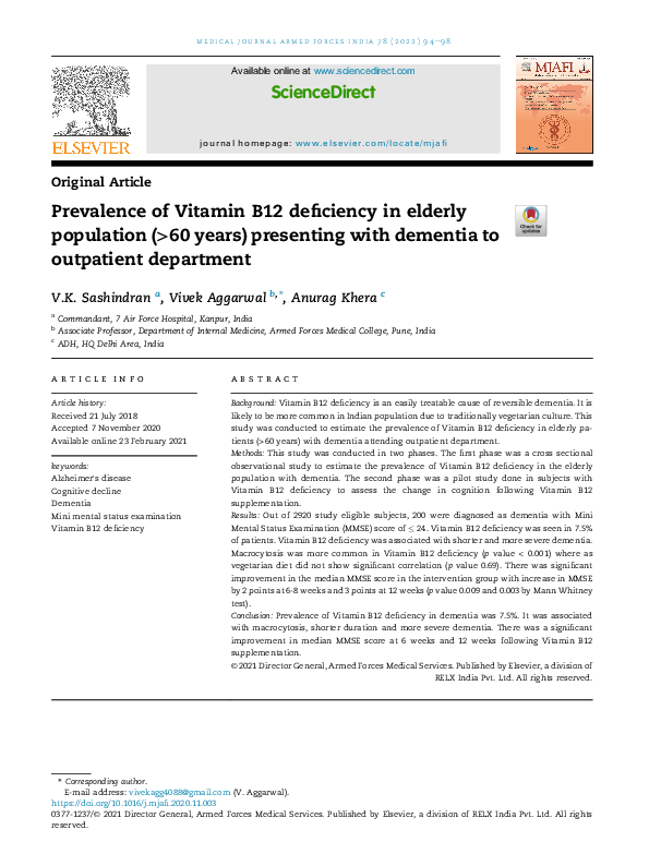 (PDF) Prevalence of Vitamin B12 deficiency in elderly population (>60 ...