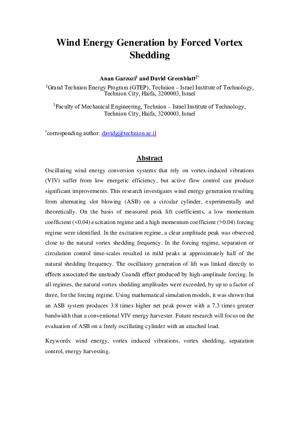 (PDF) Wind Energy Generation by Forced Vortex Shedding