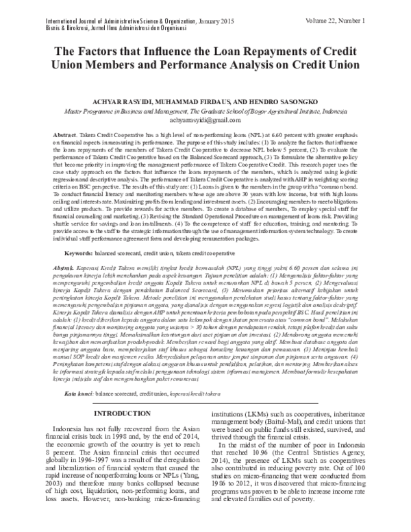 (PDF) The Factors that Influence the Loan Repayments of Credit Union ...
