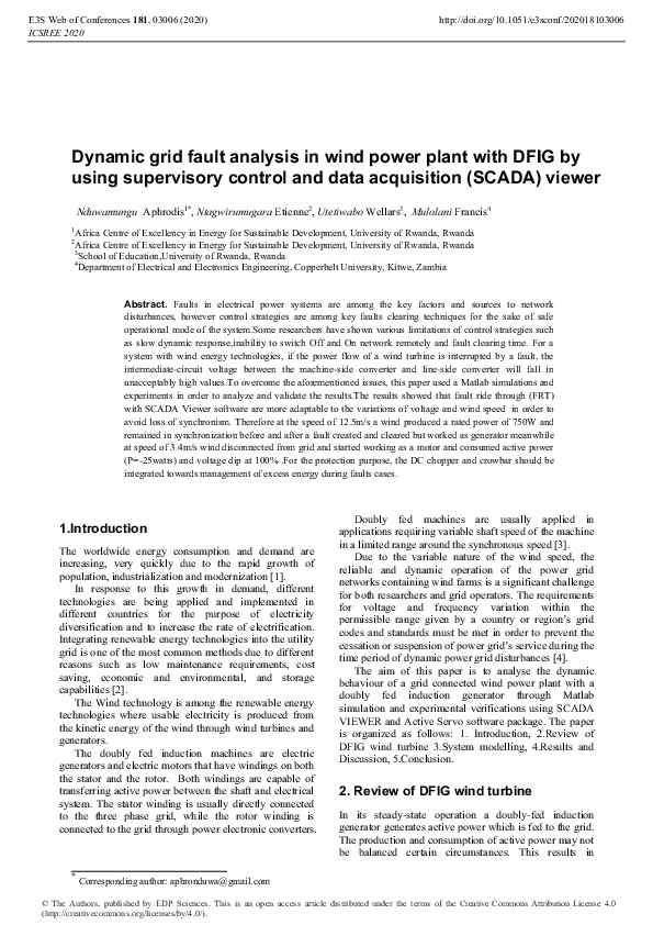 Pdf Dynamic Grid Fault Analysis In Wind Power Plant With Dfig By Using Supervisory Control And