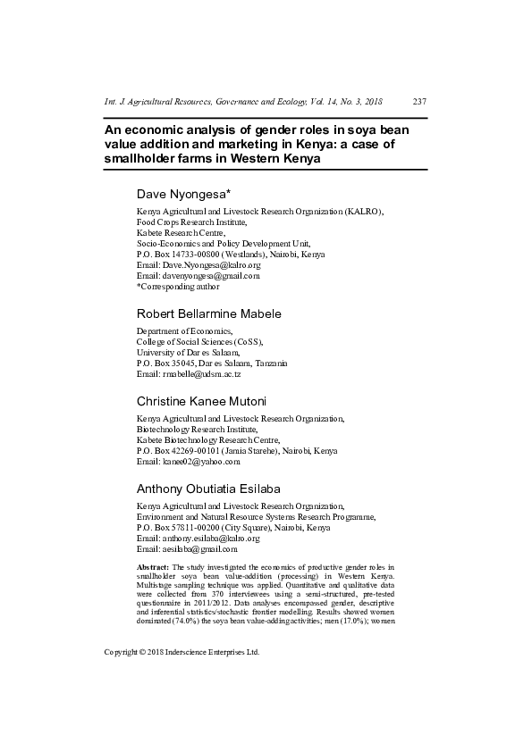(PDF) An economic analysis of gender roles in soya bean value addition ...