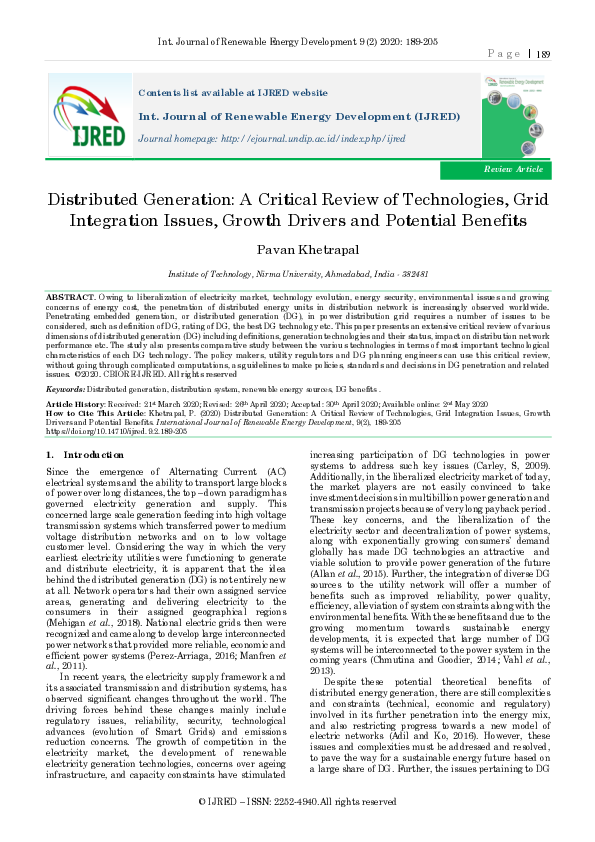 (PDF) Distributed Generation: A Critical Review of Technologies, Grid Integration Issues, Growth ...