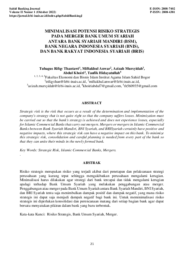 (PDF) Minimalisasi Potensi Risiko Strategis Pada Merger Bank Umum ...