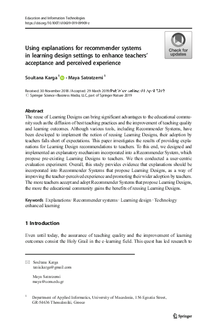 (PDF) Using explanations for recommender systems in learning design settings to enhance teachers ...