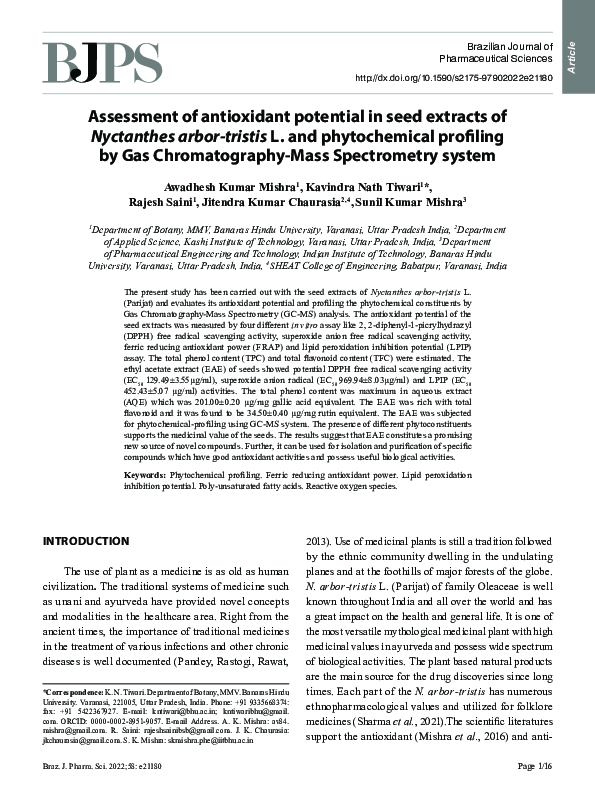 (PDF) Assessment of antioxidant potential in seed extracts of Nyctanthes arbor-tristis L. and ...