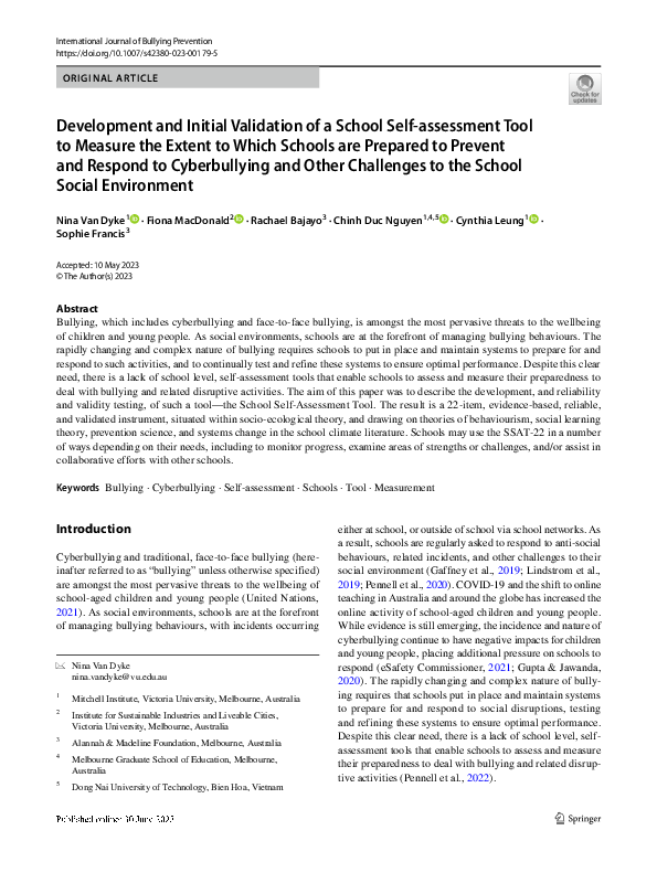 Pdf Development And Initial Validation Of A School Self Assessment Tool To Measure The Extent