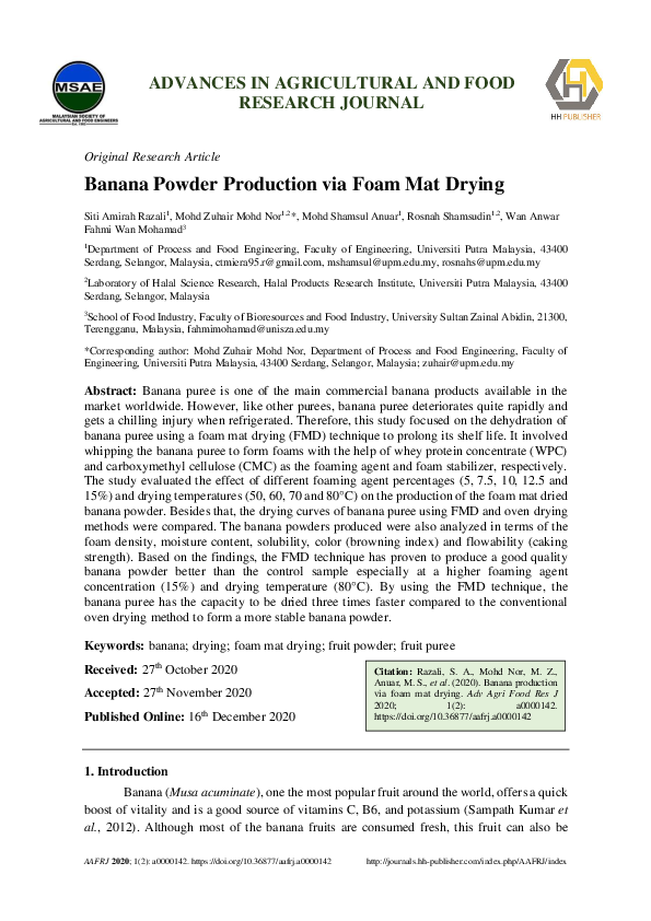 (PDF) Banana Powder Production via Foam Mat Drying