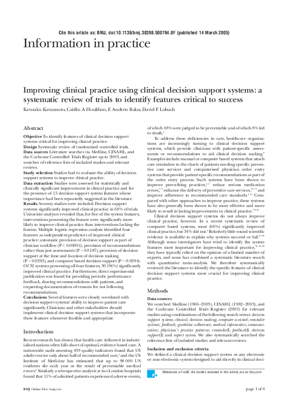 (PDF) Improving clinical practice using clinical decision support systems: a systematic review ...