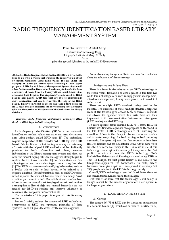 (PDF) Radio Frequency Identification Based Library Management System | dr. anshul ahuja ...