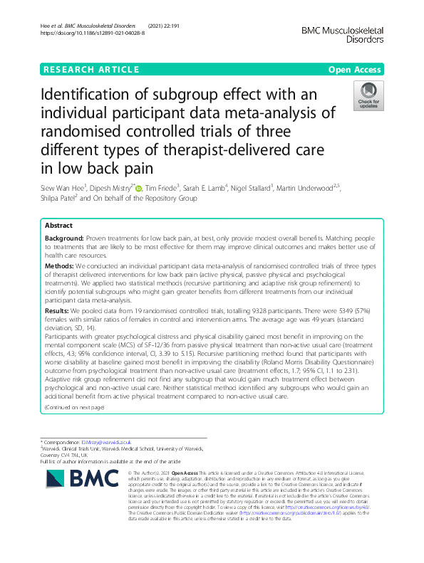 (PDF) Identification of subgroup effect with an individual participant data meta-analysis of ...