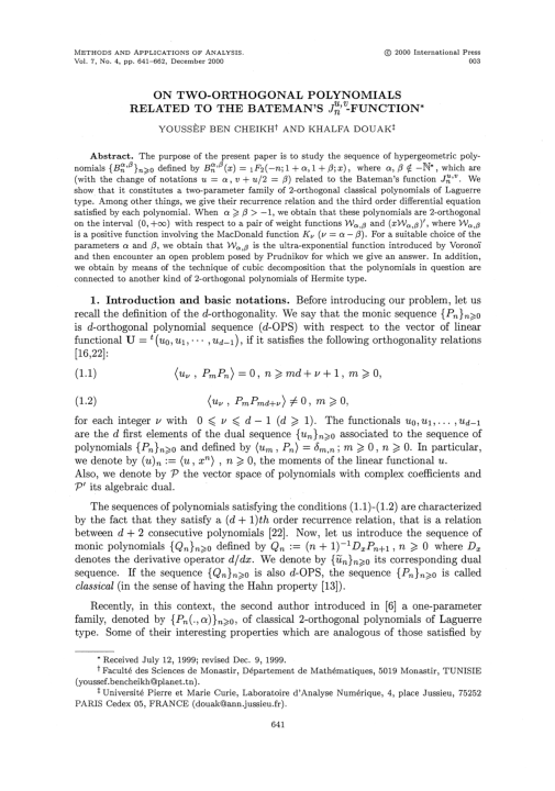 (PDF) 2-Orthogonal Polynomials and Bateman's J-function