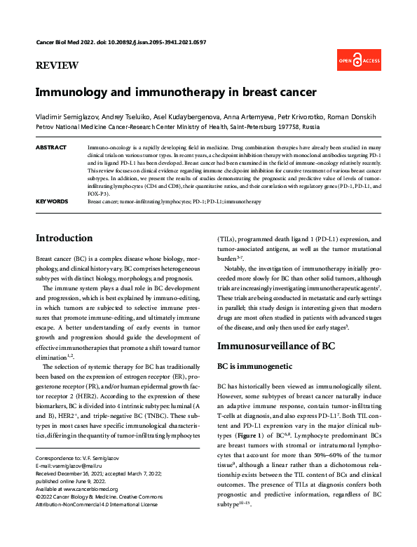 Pdf Immunology And Immunotherapy In Breast Cancer