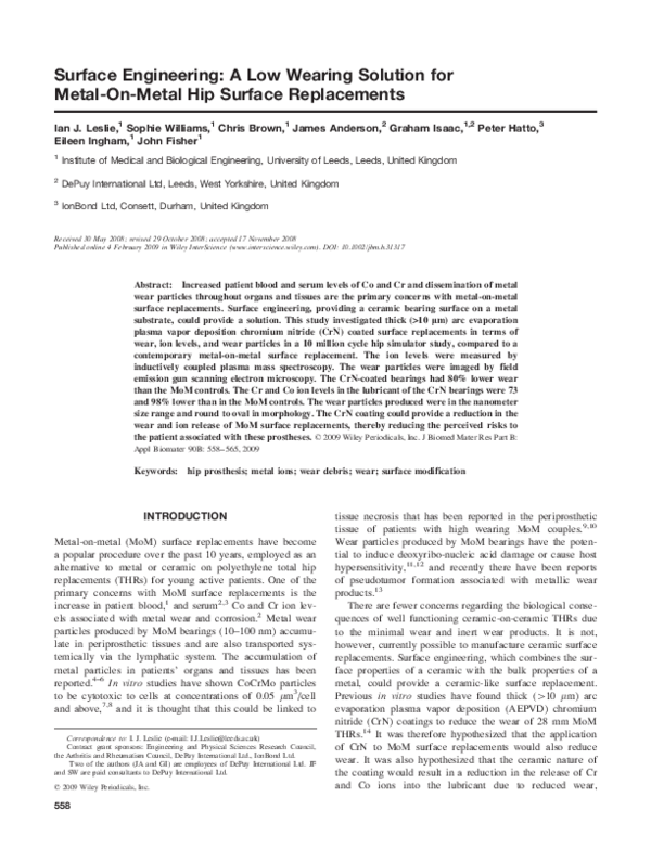 (PDF) Surface engineering: A low wearing solution for metal-on-metal hip surface replacements