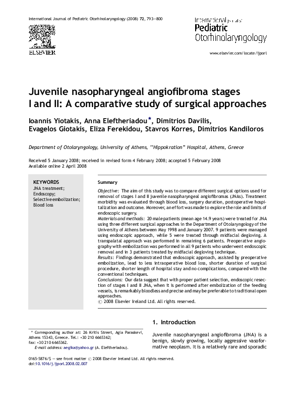 (PDF) Juvenile nasopharyngeal angiofibroma stages I and II: a ...
