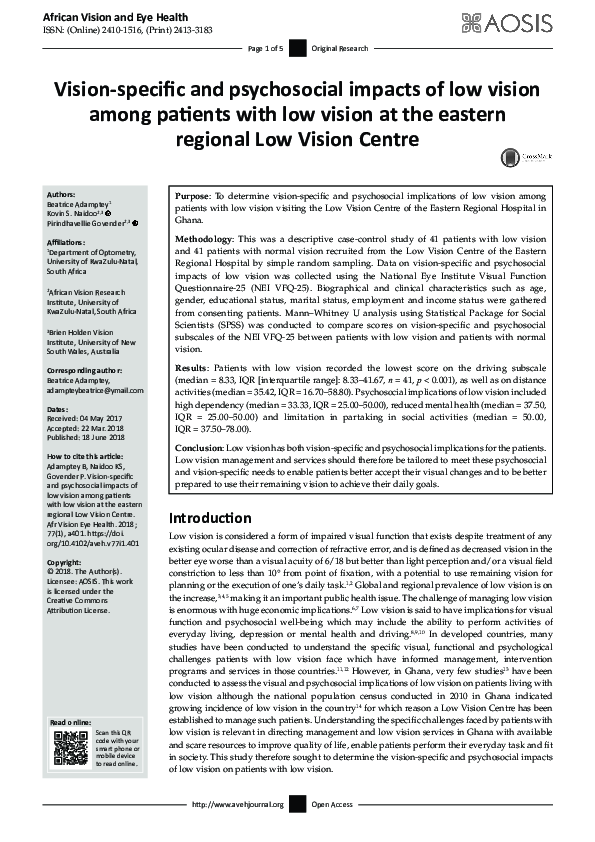 (PDF) Vision-specific and psychosocial impacts of low vision among ...