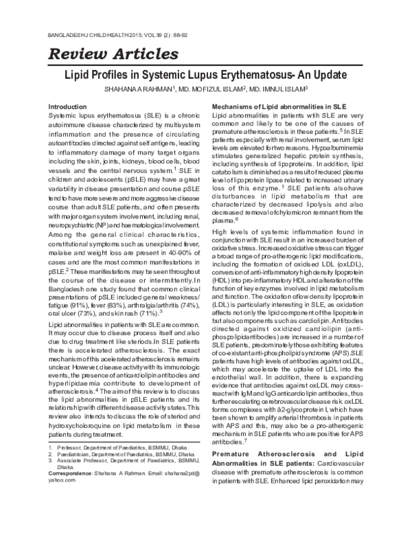 (PDF) Lipid Profiles in Systemic Lupus Erythematosus- An Update
