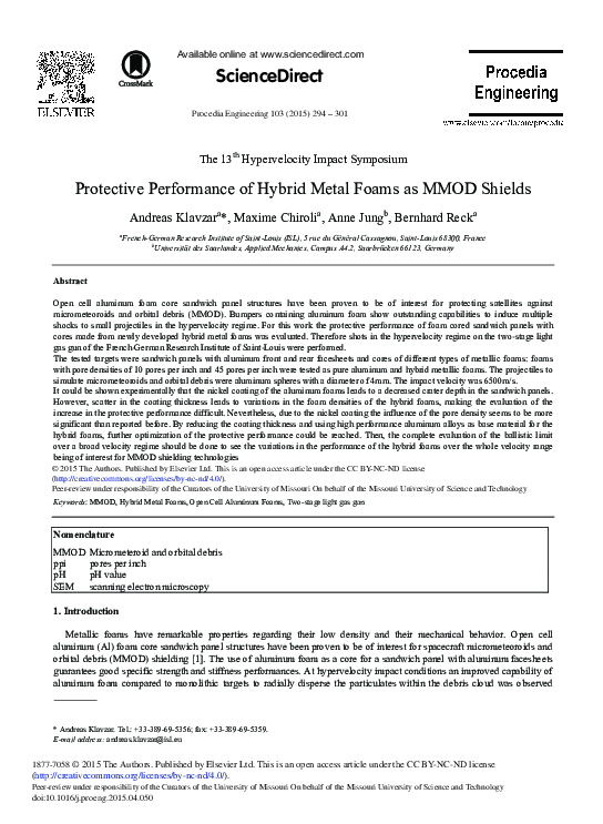 (PDF) Protective Performance of Hybrid Metal Foams as MMOD Shields