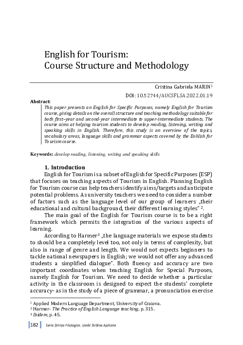(PDF) English for Tourism: Course Structure and Methodology