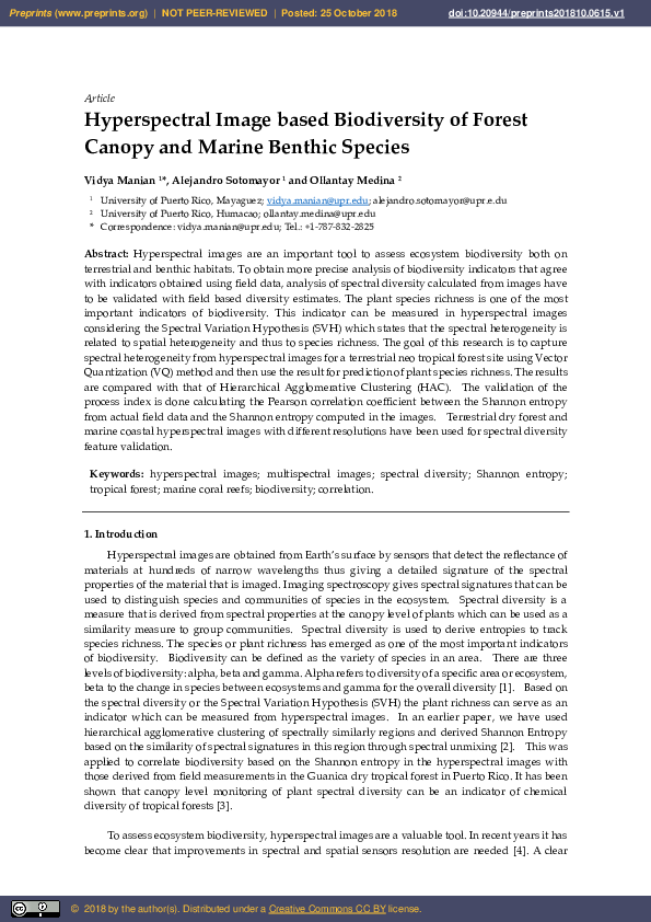 (PDF) Hyperspectral Image based Biodiversity of Forest Canopy and Marine Benthic Species