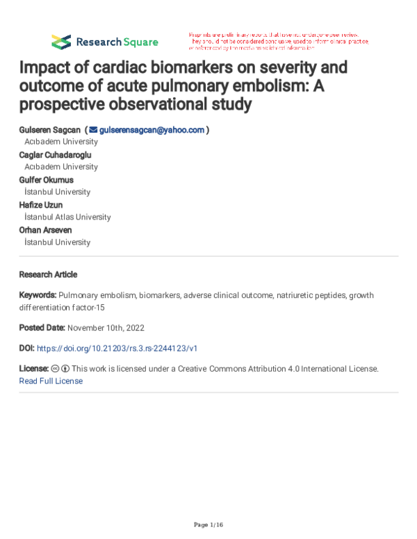 (PDF) Impact of cardiac biomarkers on severity and outcome of acute pulmonary embolism: A ...