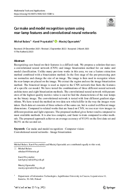 Pdf Car Make And Model Recognition System Using Rear Lamp Features And Convolutional Neural 
