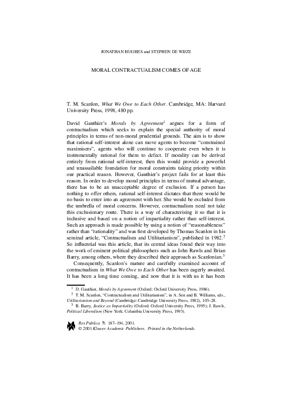 (PDF) Moral Contractualism Comes of Age