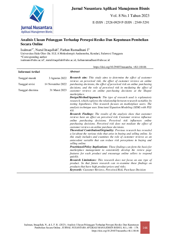(PDF) Analisis Ulasan Pelanggan Terhadap Persepsi Resiko Dan Keputusan ... (PDF) Analisis Ulasan Pelanggan Terhadap Persepsi Resiko Dan Keputusan ...