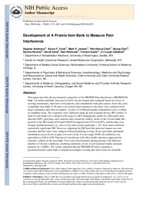 (PDF) Development of a PROMIS item bank to measure pain interference
