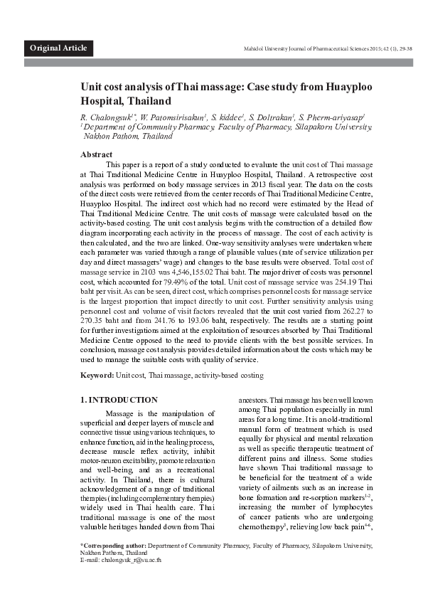 (PDF) Unit cost analysis of Thai massage: Case study from Huayploo ...