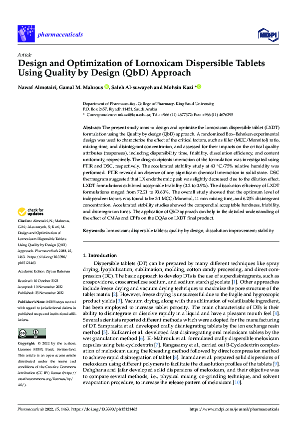 (PDF) Design and Optimization of Lornoxicam Dispersible Tablets Using ...