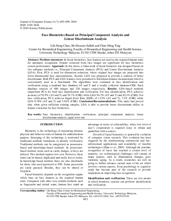 (PDF) Face Biometrics Based on Principal Component Analysis and Linear Discriminant Analysis