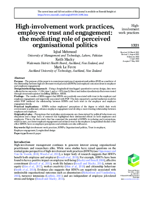 (PDF) High-involvement work practices, employee trust and engagement: the mediating role of ...