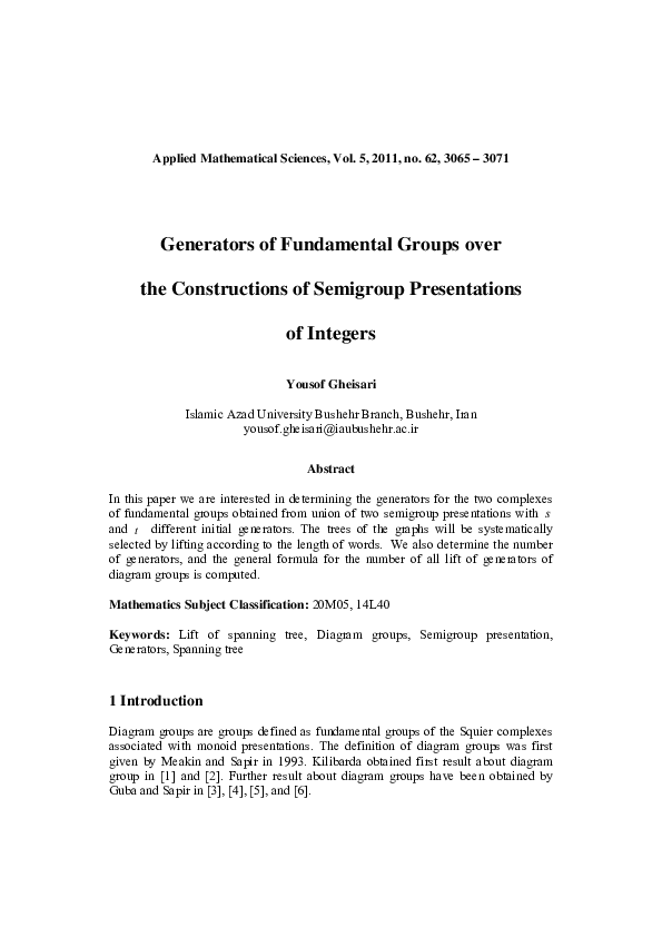 (PDF) Generators of Fundamental Groups over the Constructions of Semigroup Presentations of Integers