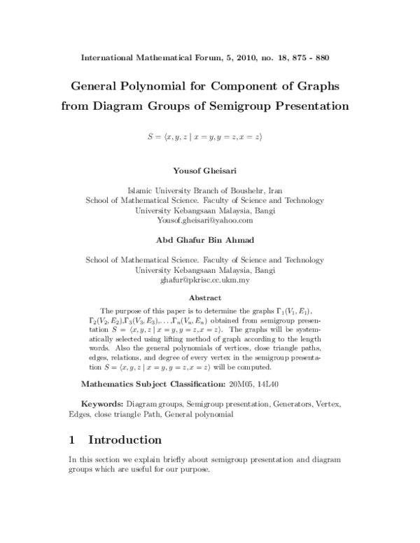 (PDF) General polynomial for component of graphs from diagram groups of semigroup presentation S ...
