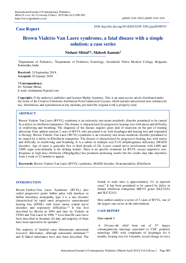(PDF) Brown Vialetto Van Laere syndrome, a fatal disease with a simple ...