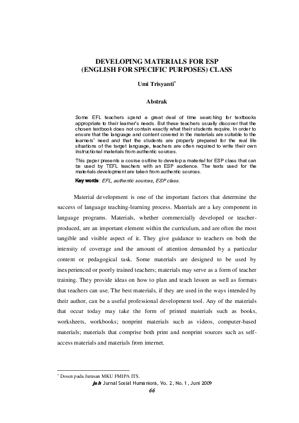 (PDF) Developing Materials for Esp (English for Specific Purposes) Class