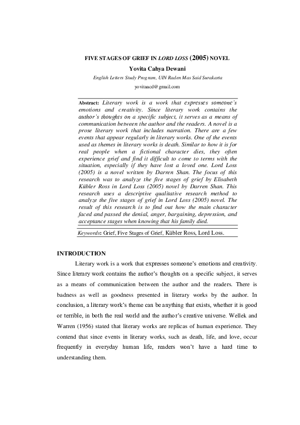 (PDF) FIVE STAGES OF GRIEF IN LORD LOSS (2005) NOVEL