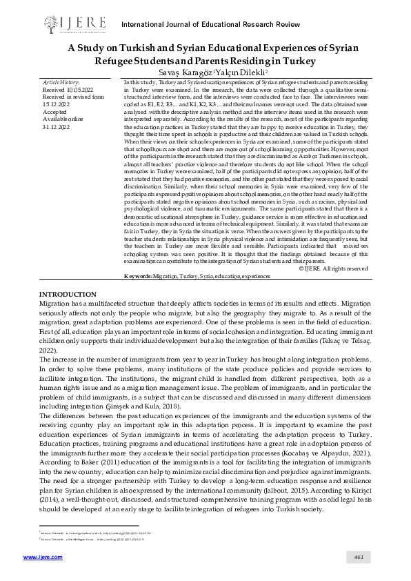 (PDF) A Study on Turkish and Syrian Educational Experiences of Syrian ...