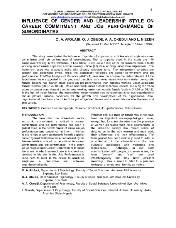 (PDF) Influence of Gender and Leadership Style on Career Commitment and ...