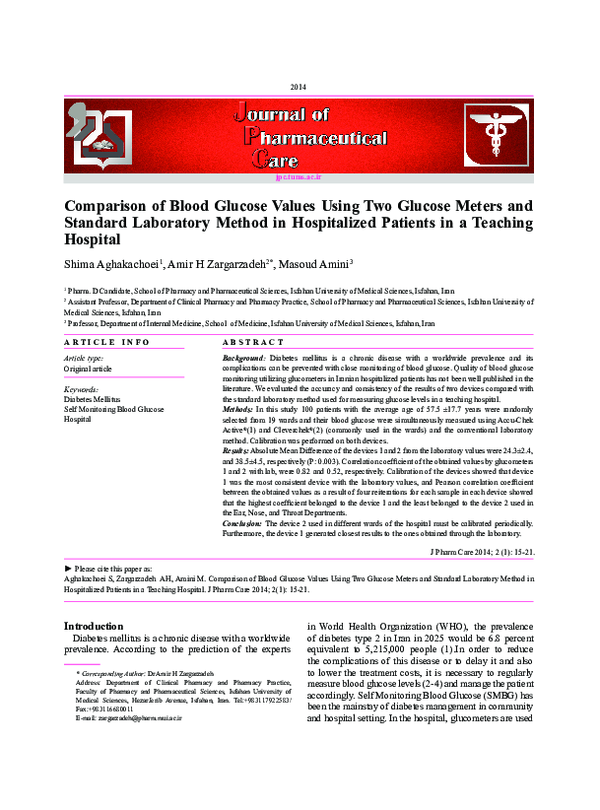 (PDF) Comparison of Blood Glucose Values Using Two Glucose Meters and ...