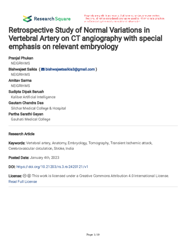 (PDF) Retrospective Study of Normal Variations in Vertebral Artery on ...