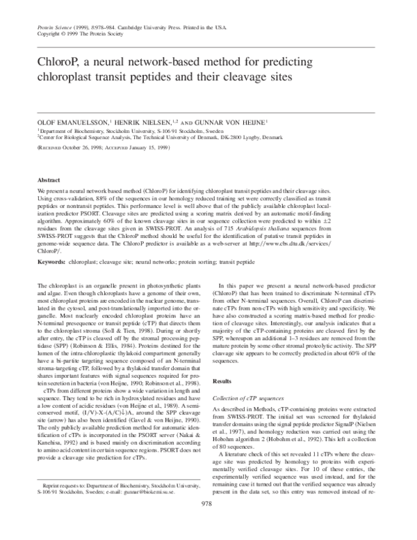 (PDF) ChloroP, a neural network‐based method for predicting chloroplast ...