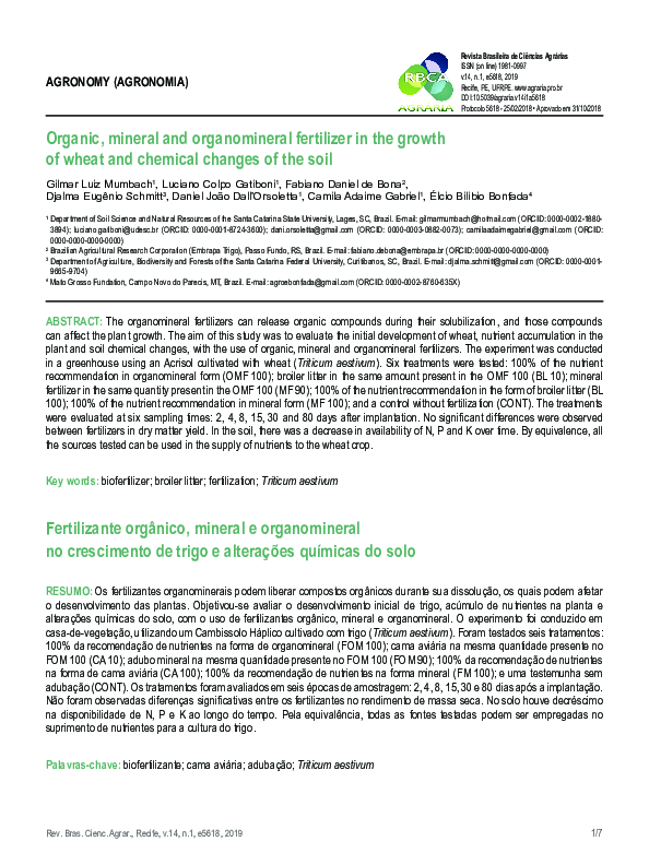(PDF) Organic, mineral and organomineral fertilizer in the growth of wheat and chemical changes ...