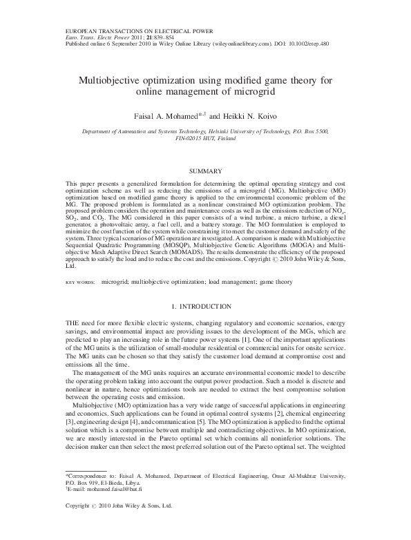 Pdf Multiobjective Optimization Using Modified Game Theory For Online Management Of Microgrid